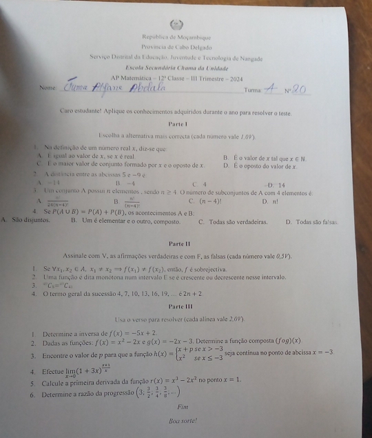 Solved: República de Moçambique Provincia de Cabo Delgado Serviço ...