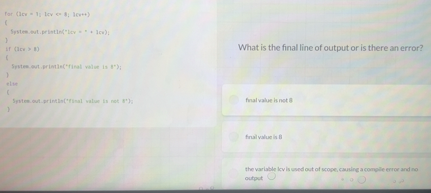 Gelöst:for (1cv=1; lcv System.out.prin ln (^circ 1cv=^circ +1cv); if ...