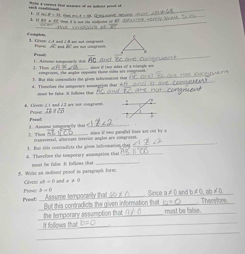 Solved: Write a correct first sentence of an indirect proof of each ...