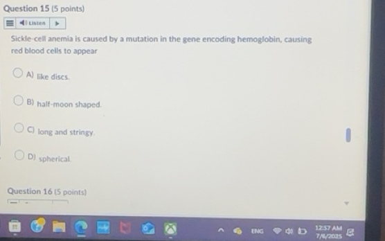 Solved: Listen Sickle-cell anemia is caused by a mutation in the gene ...
