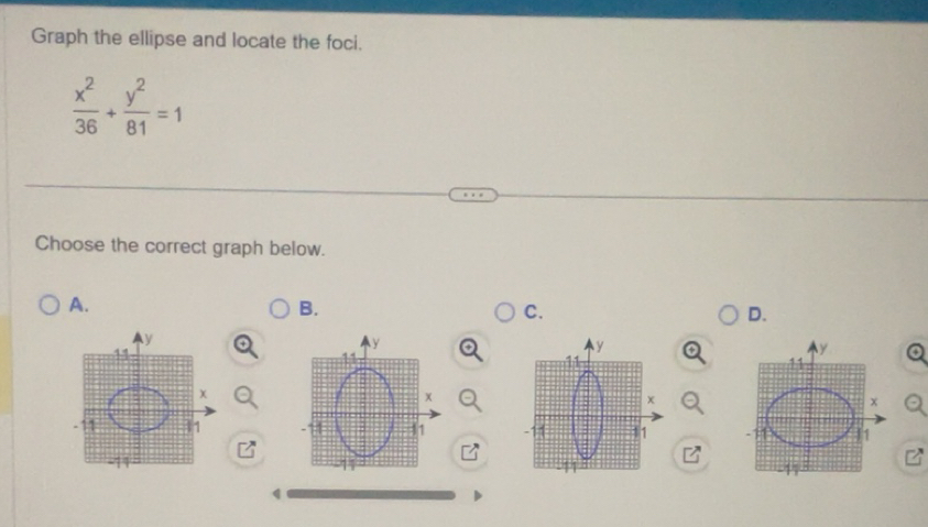 Solved: Graph the ellipse and locate the foci. x^2/36 + y^2/81 =1 ...