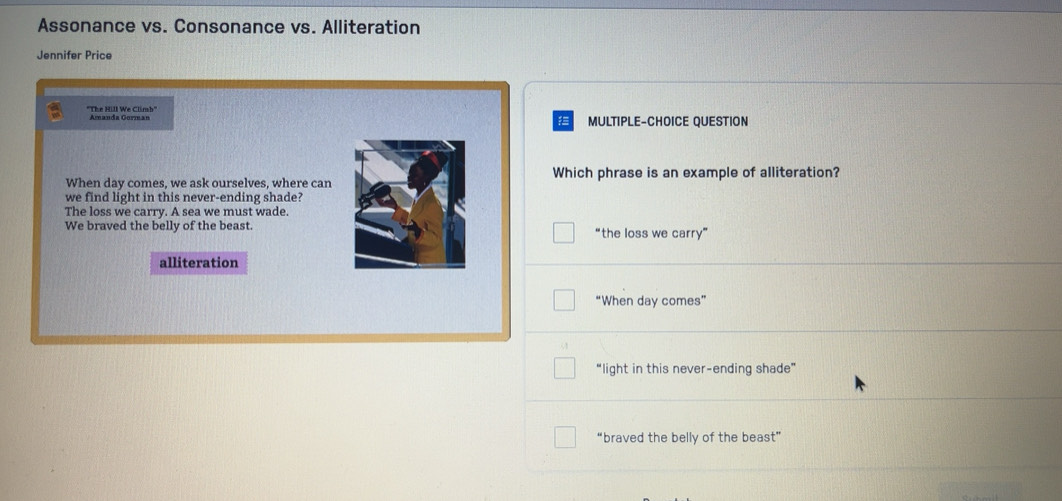 Solved: Assonance vs. Consonance vs. Alliteration Jennifer Price ''The ...