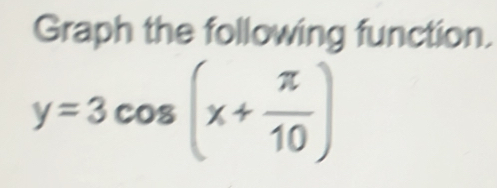 Solved: Graph the following function. y=3cos (x+ π /10 ) [Calculus]