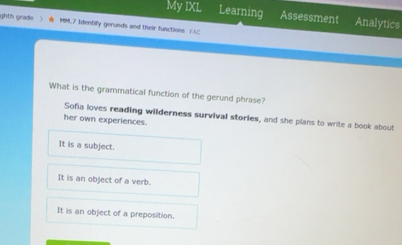 Solved: My IXL Learning Assessment Analytics ghth grade MM.7 Identify ...