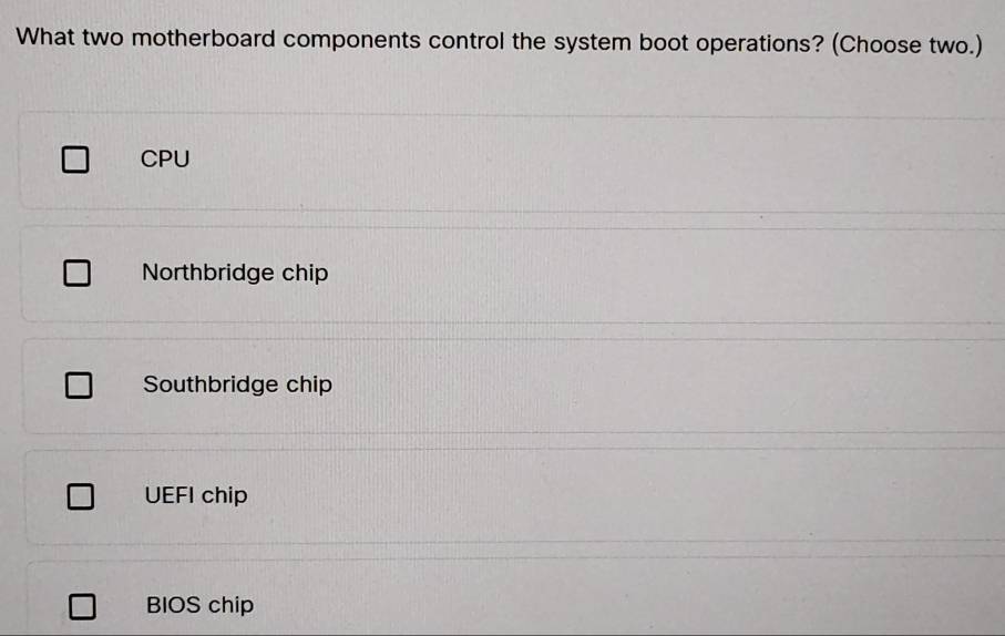 Nalutas:What two motherboard components control the system boot ...