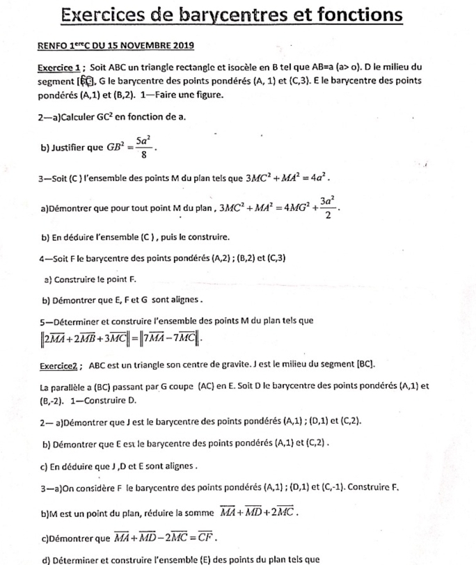 Solved: Exercices de barycentres et fonctions RENFO 1^(ere) *C DU 15 ...