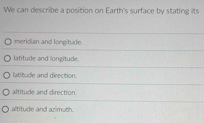 Solved: We can describe a position on Earth's surface by stating its ...