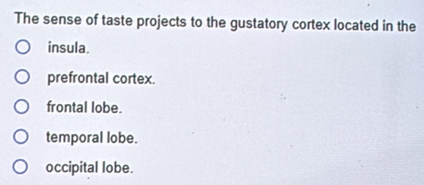 Solved: The sense of taste projects to the gustatory cortex located in ...