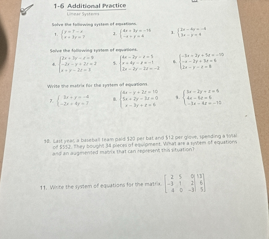 Solved: 1-6 Additional Practice Linear Systems Solve the following ...
