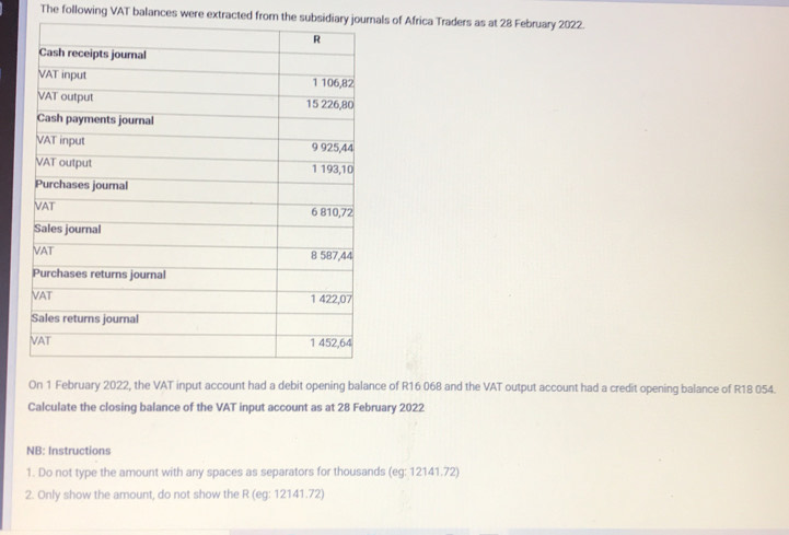 Solved: The following VAT balances were extracted from the subsidiary ...