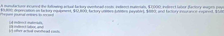 Solved: A manufacturer incurred the following actual factory overhead ...