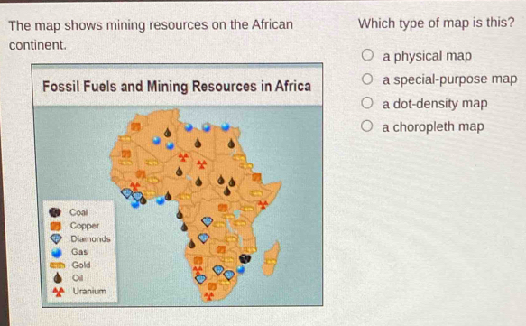 Solved: The map shows mining resources on the African Which type of map ...