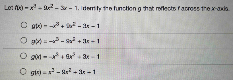 Solved: Let f(x)=x^3+9x^2-3x-1. Identify the function g that reflects f ...