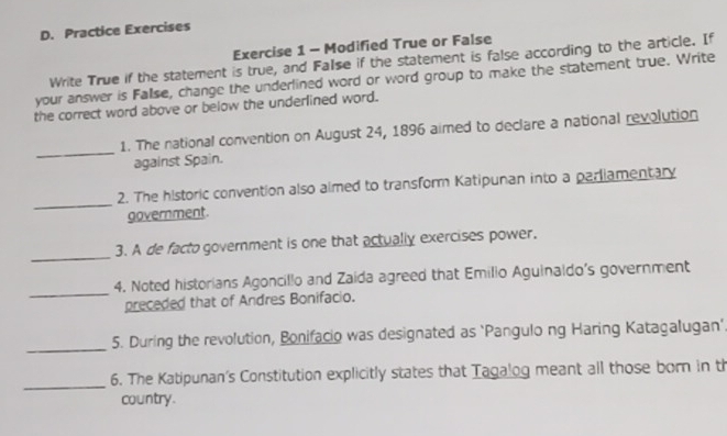 Solved: Practice Exercises Exercise 1 - Modified True or False Write True if the statement is tr ...