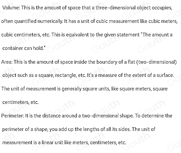 Solved: As a review, recall the difference between perimeter, area, and ...