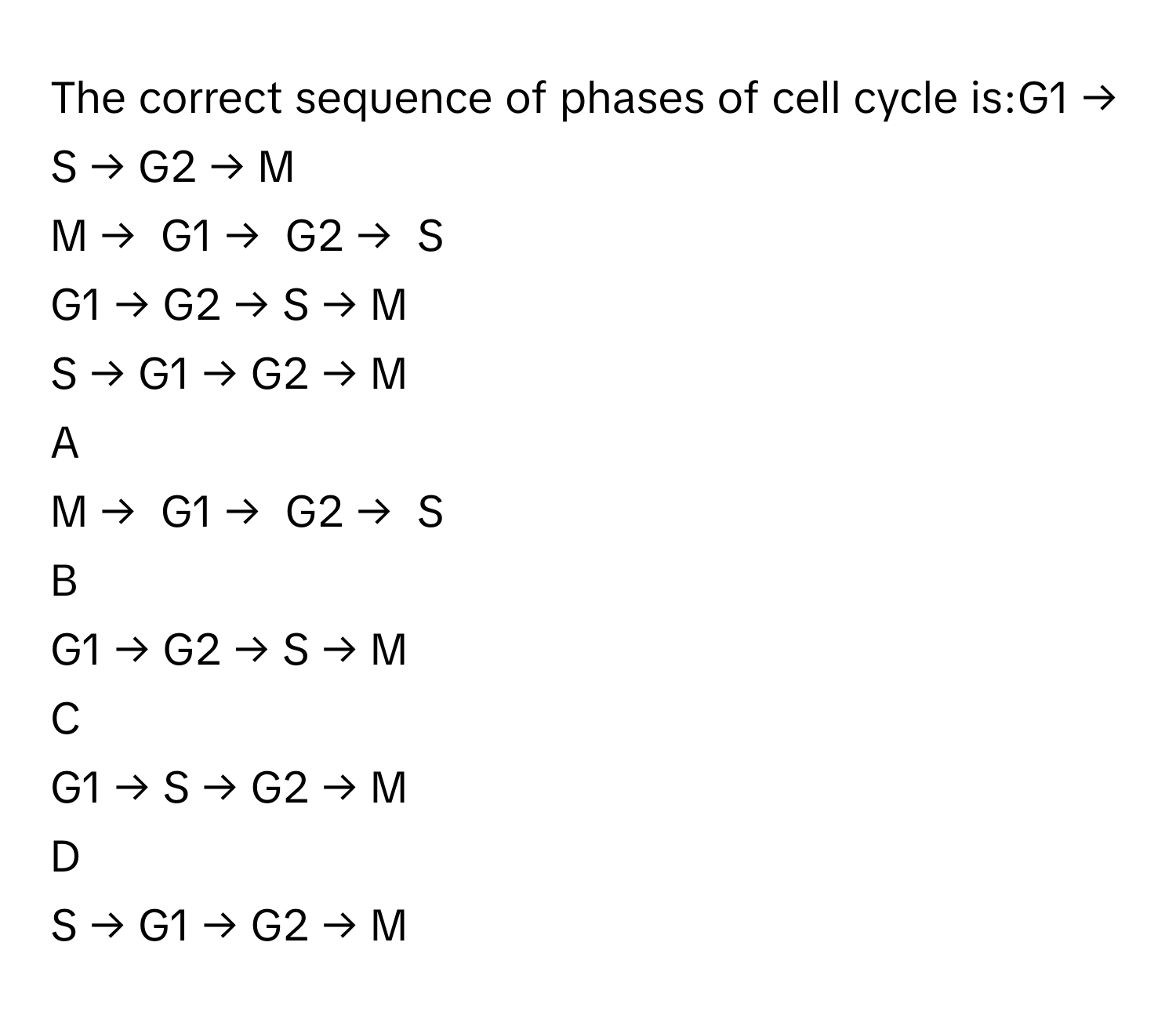 Solved: The correct sequence of phases of cell cycle is:G1 → S → G2 → M ...