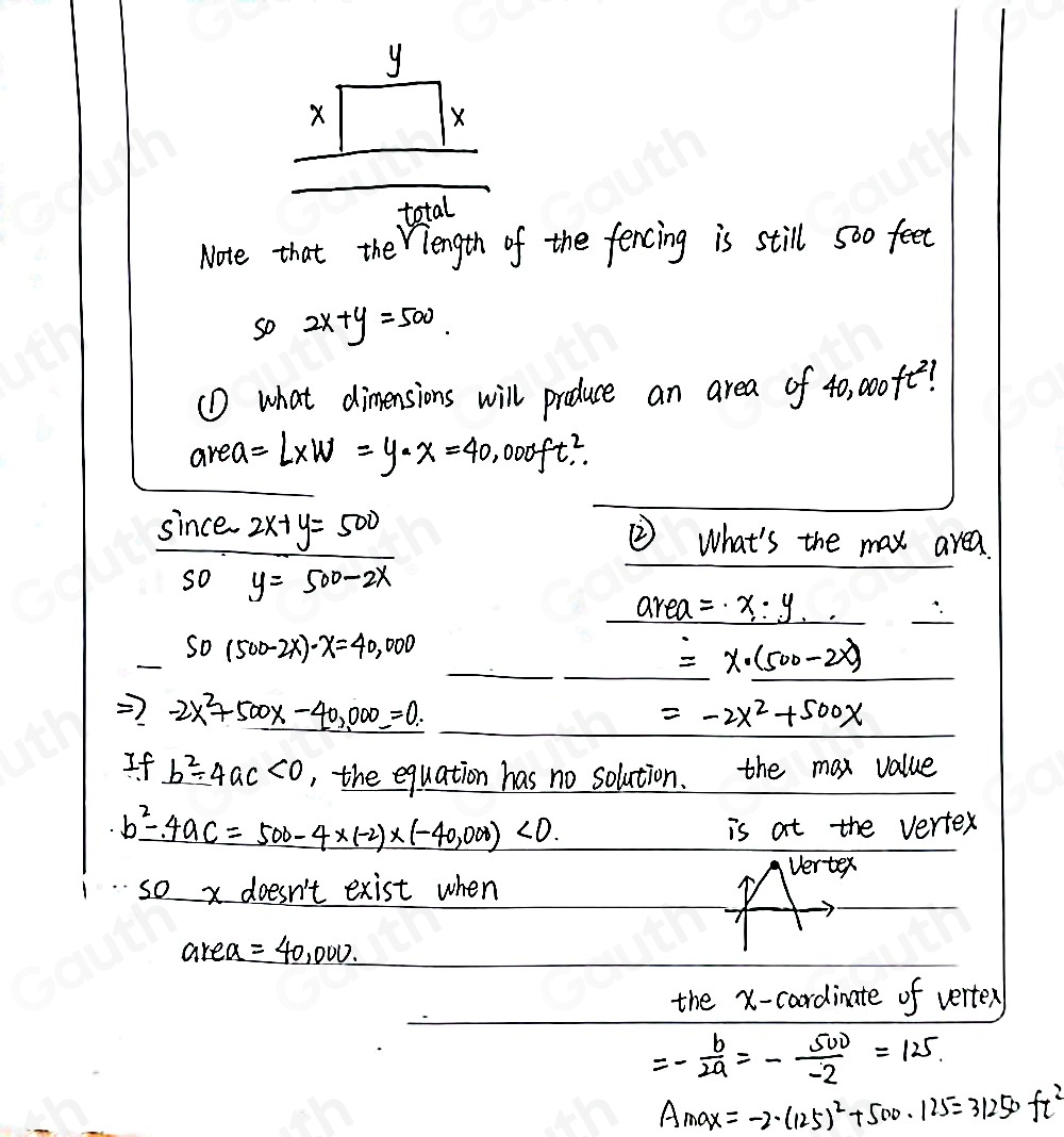 Solved: Five hundred feet of fencing is available to enclose a ...