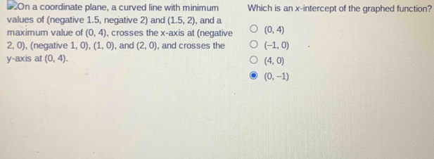 Solved: On a coordinate plane, a curved line with minimum Which is an x-intercept of the graphed ...