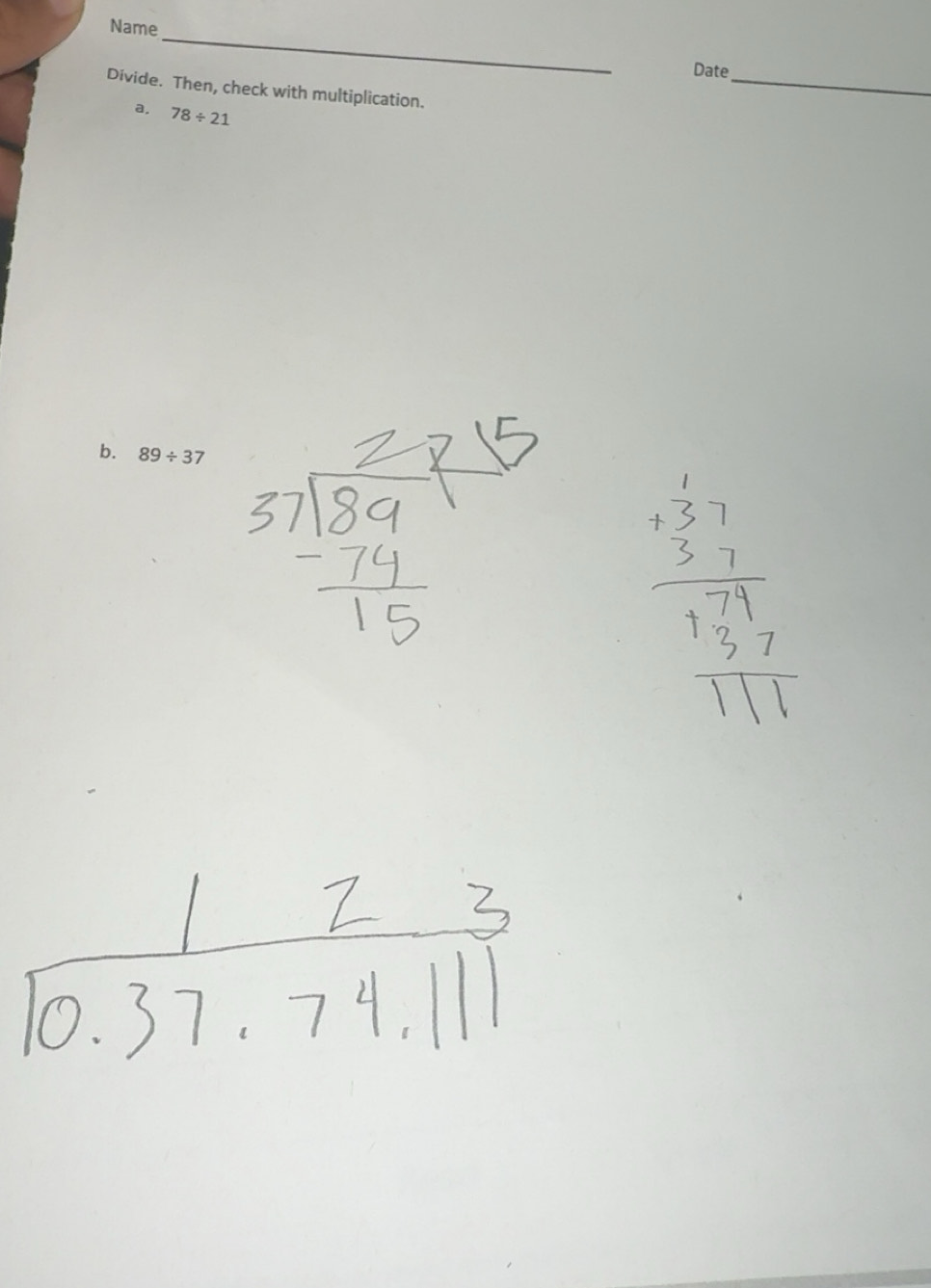 Solved: Name Date_ Divide. Then, check with multiplication. a. 78/ 21 b ...