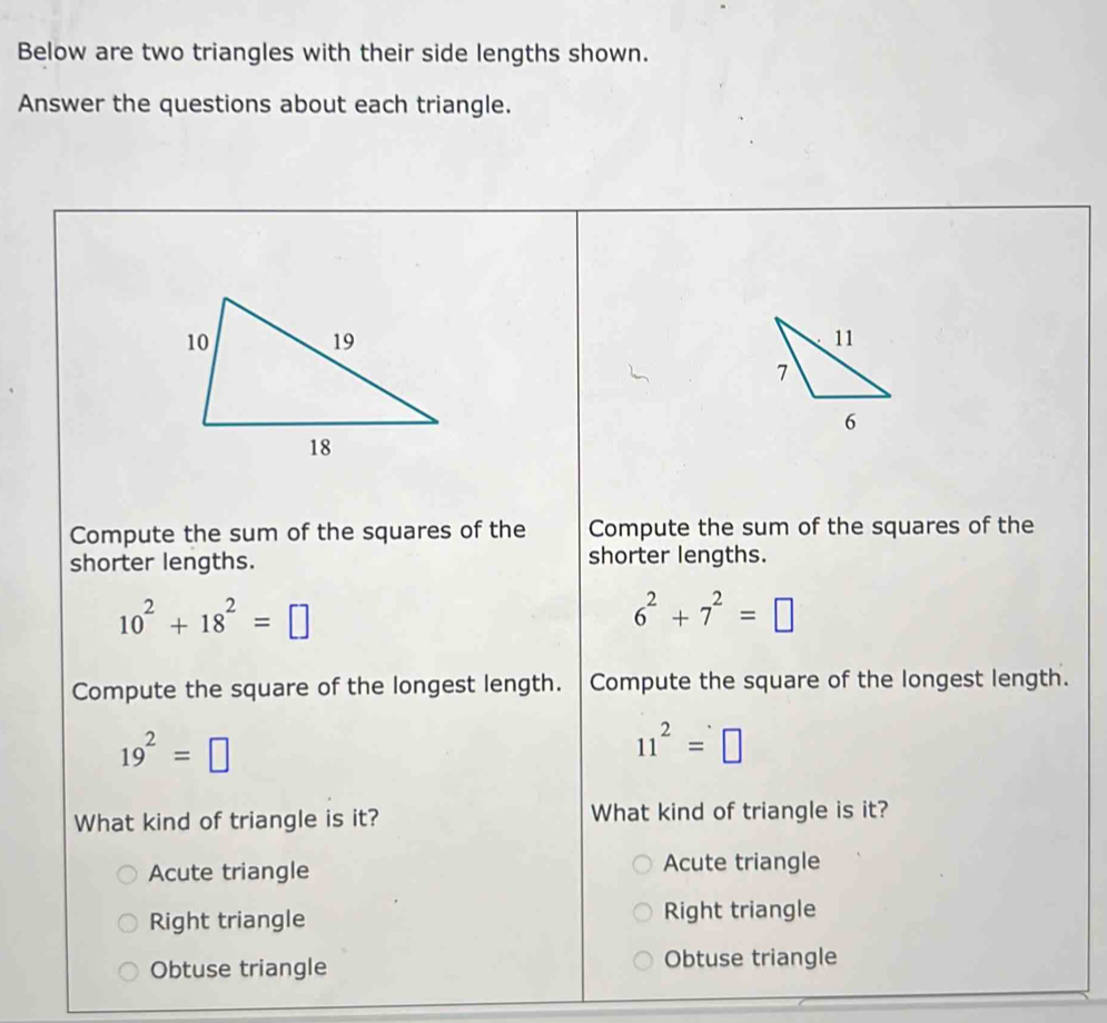 Solved: Below are two triangles with their side lengths shown. Answer ...