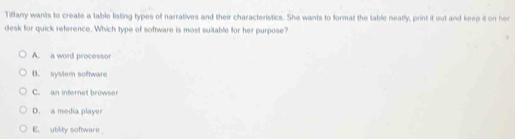 Solved: Tiffany wants to create a table listing types of narratives and ...