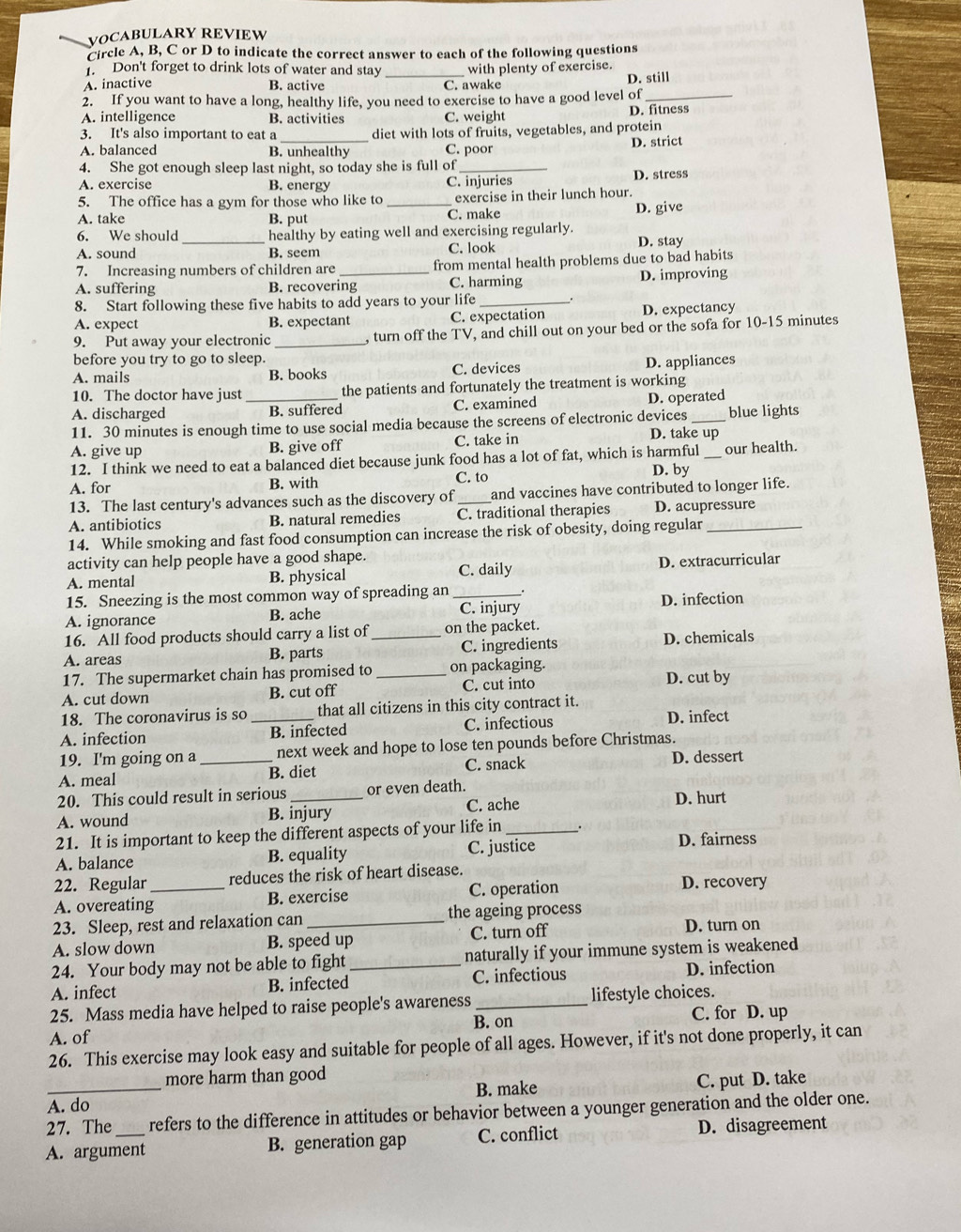 Giải quyết:VOCABULARY REVIEW Circle A, B, C or D to indicate the ...