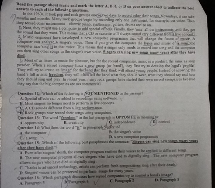 Giải quyết:Read the passage about music and mark the letter A, B, C or ...