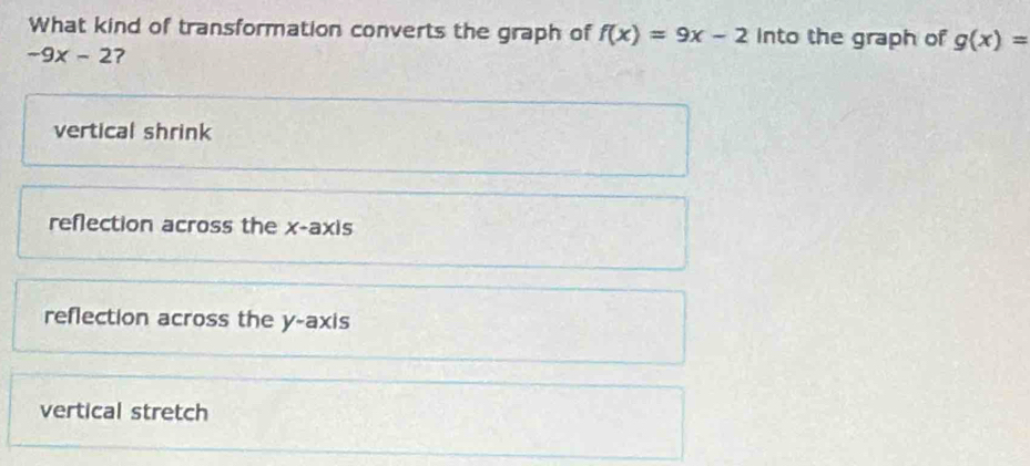 Solved: What kind of transformation converts the graph of f(x)=9x-2 ...
