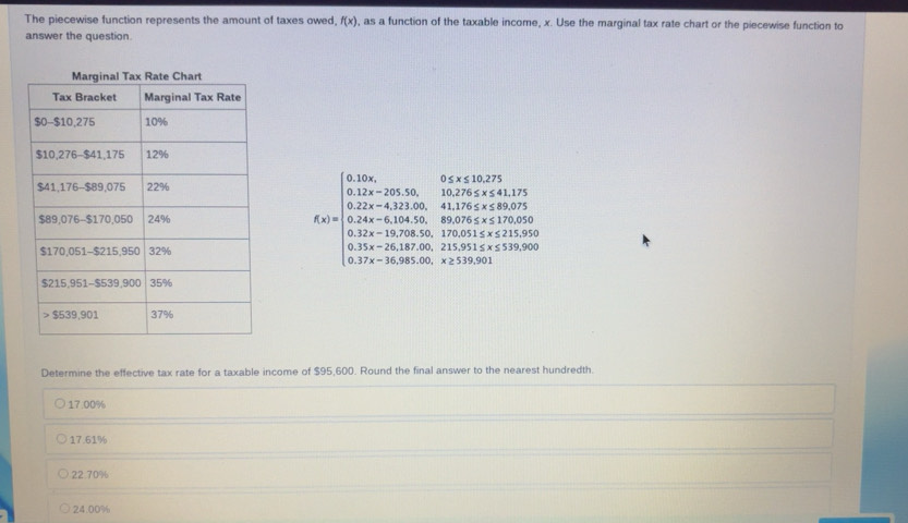 Solved: The piecewise function represents the amount of taxes owed, f(x ...