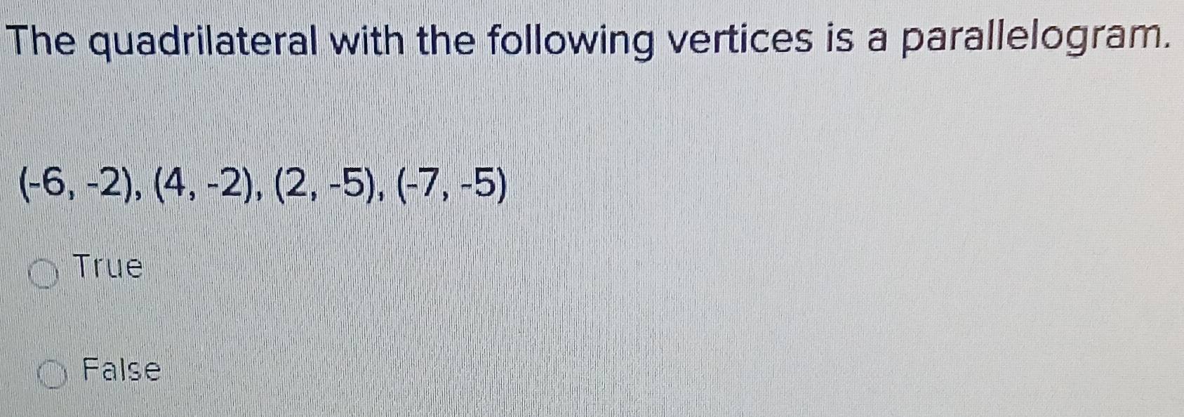 Solved: The quadrilateral with the following vertices is a parallelogram. (-6,-2), (4,-2),(2,-5 ...