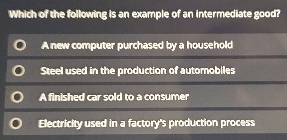 Solved: Which of the following is an example of an intermediate good? A ...