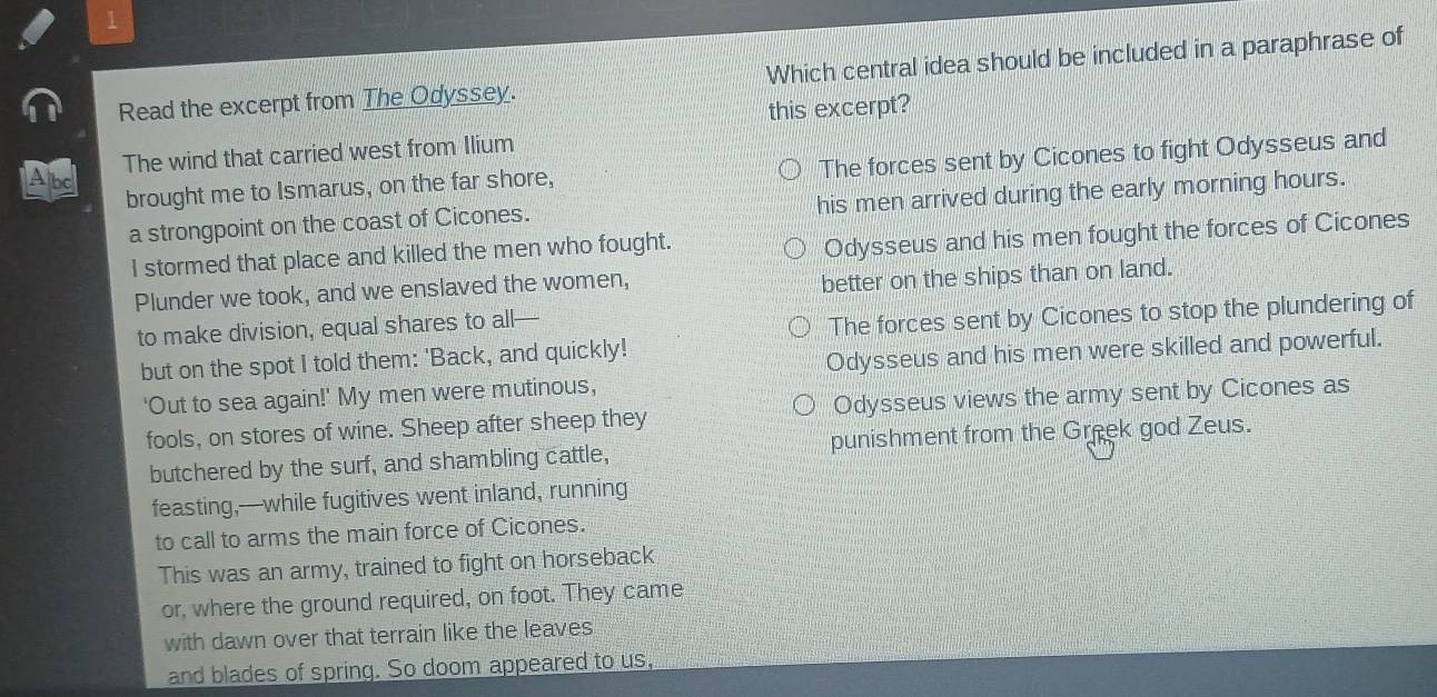 Solved: Read the excerpt from The Odyssey. Which central idea should be ...