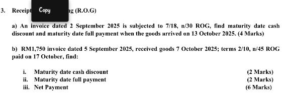 Selesai:Receipt Copy 1g (R.O.G) a) An invoice dated 2 September 2025 is ...