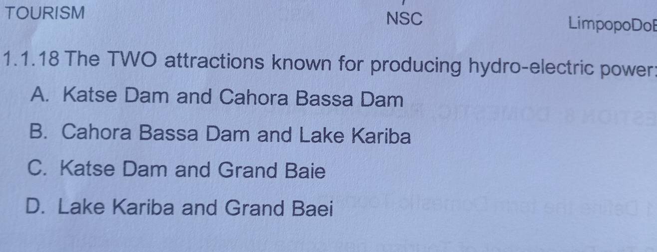 Solved: NSC TOURISM LimpopoDo 1.1.18 The TWO attractions known for producing hydro-electric ...