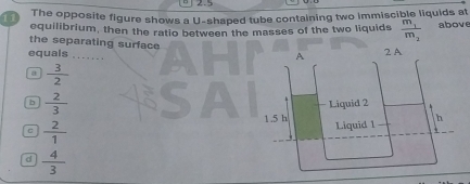 تم الحل:The opposite figure shows a U-shaped tube containing two ...