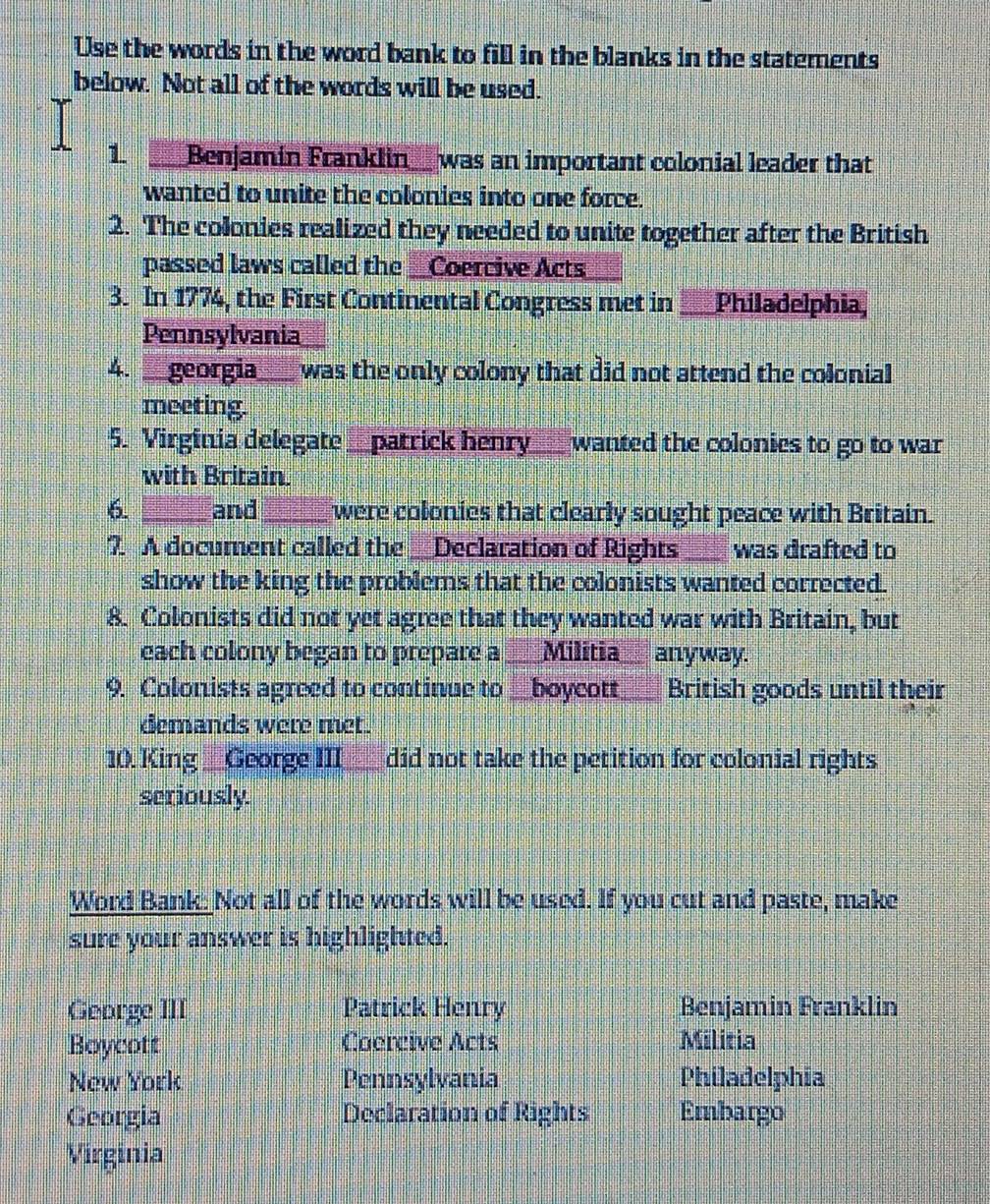 Solved: Use the words in the word bank to fill in the blanks in the ...