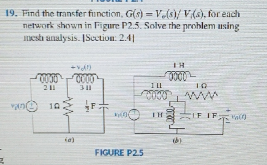 Solved: Find the transfer function, G(s)=V_o(s)/V_i(s) , for each ...