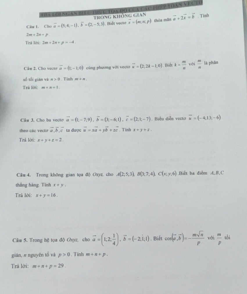 Giải quyết:TRA LOI NGAN BểU THUc TOa ĐO Của CáC PHép TOàN VECTO trong ...