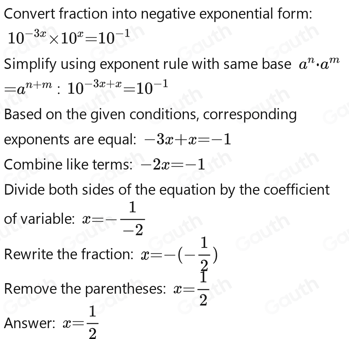 Solved: 10^(-3x)· 10^x= 1/10 [Math]