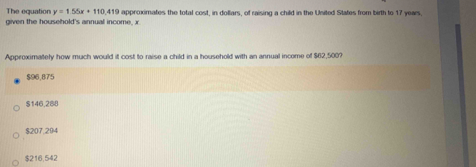 Solved: The equation y=1.55x+110.419 approximates the total cost, in ...