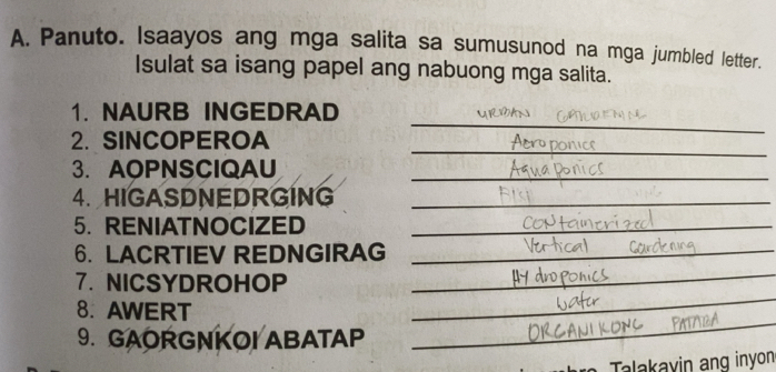 Solved: Panuto. Isaayos ang mga salita sa sumusunod na mga jumbled ...