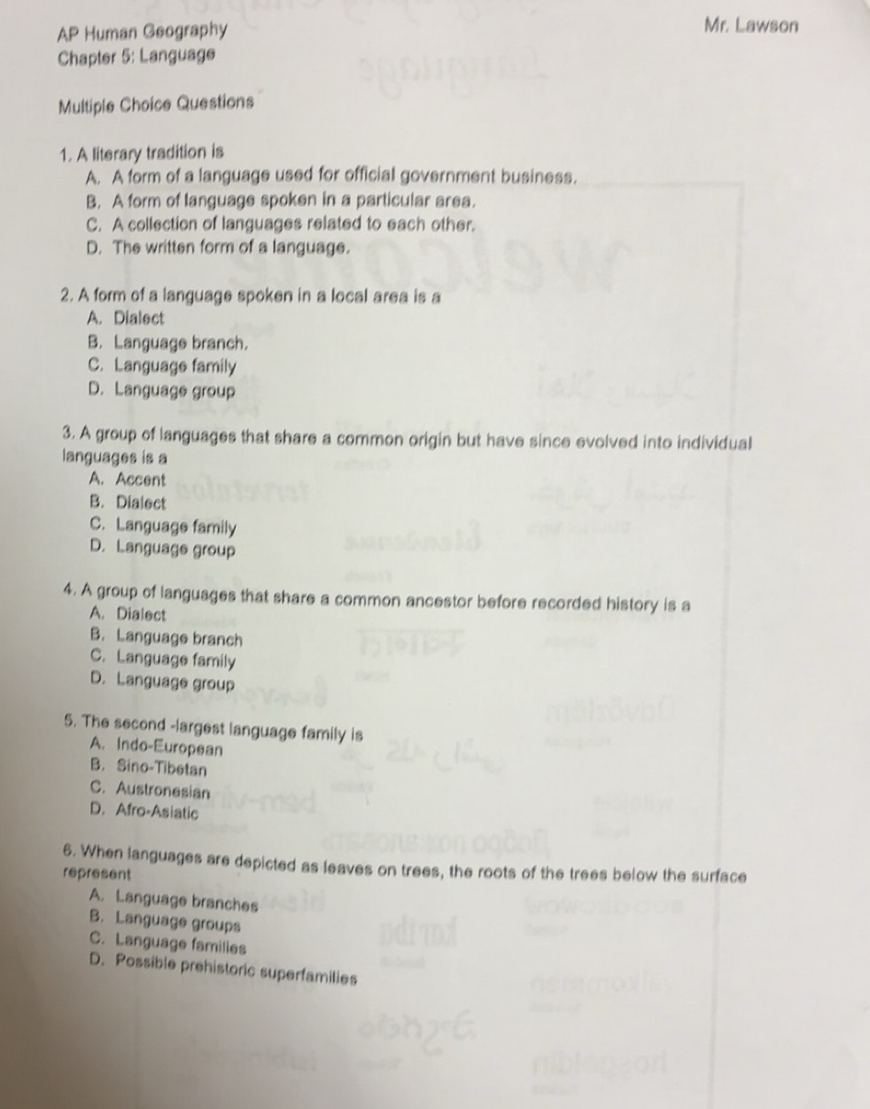 Solved: AP Human Geography Mr. Lawson Chapter 5: Language Multiple ...