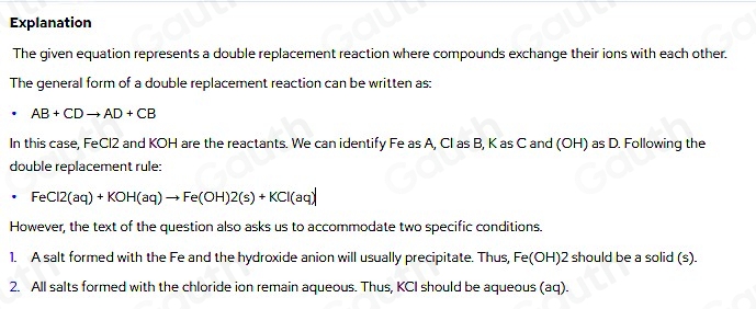 Solved: Double replacement: FeCl_2(aq)+KOH(aq)to _ + _ (a salt formed ...