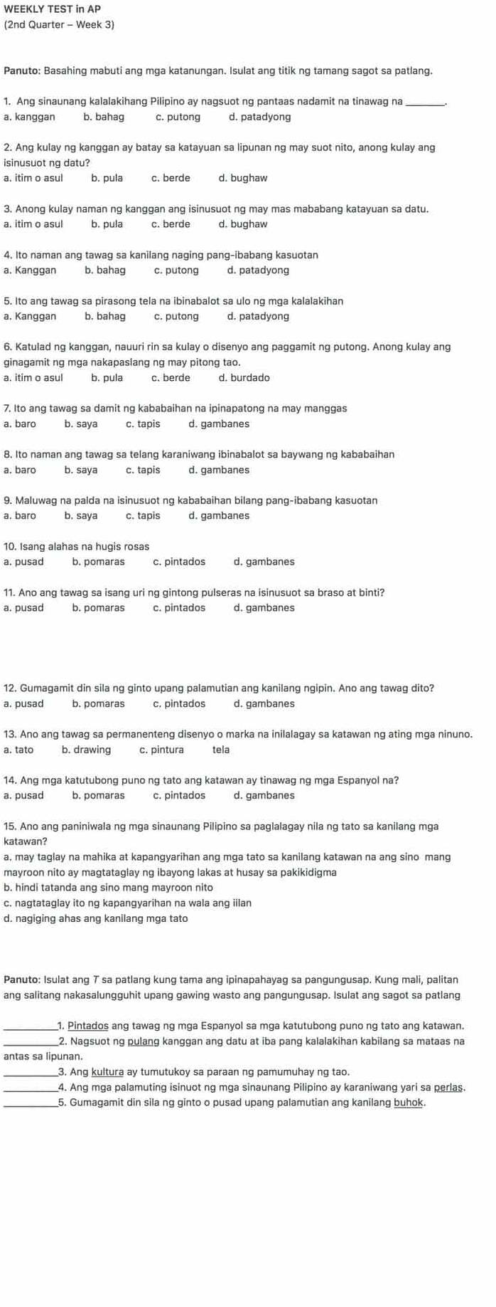 Solved: WEEKLY TEST in AP (2nd Quarter - Week 3) Panuto: Basahing ...