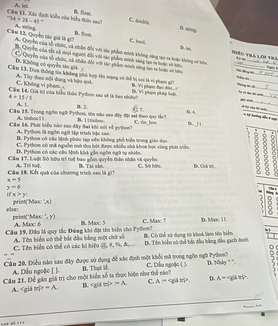 Giải quyết:A. int. Câu 11. Xác định kiểu của biểu thức sau? B. float. C ...