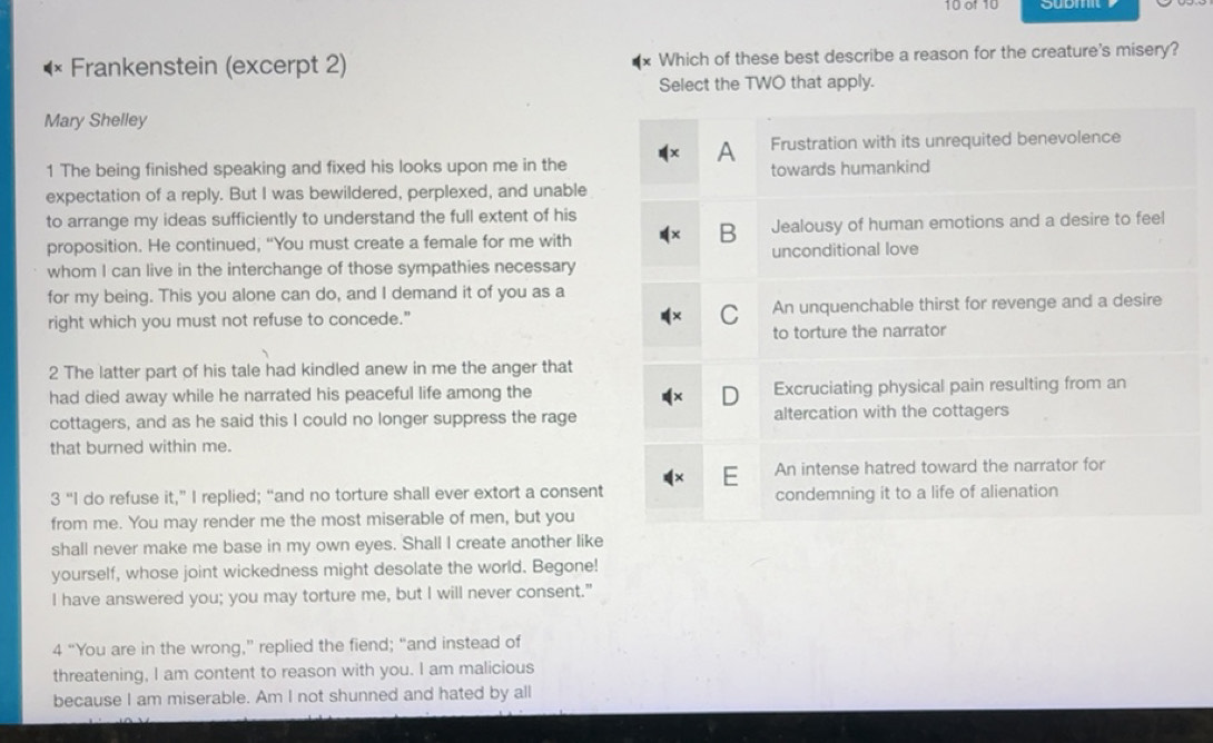 Solved: of 10 Frankenstein (excerpt 2) Which of these best describe a ...