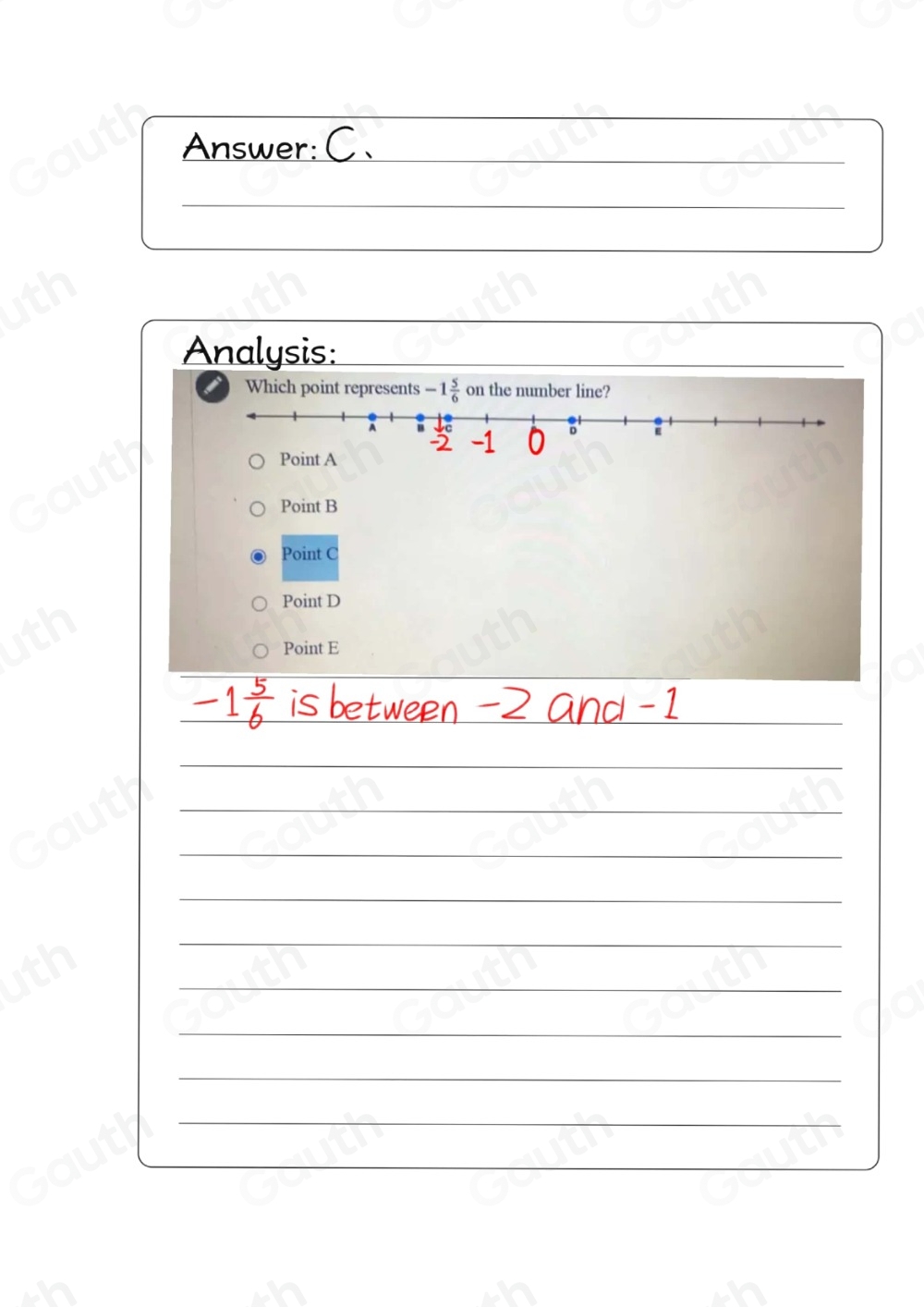 Solved: Which point represents -1 5/6 on the number line? Point A Point B Point C Point D Point ...