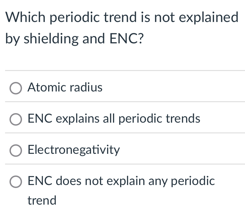 Solved: Which periodic trend is not explained by shielding and ENC ...