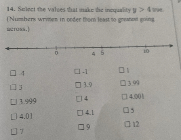 Solved: Select the values that make the inequality y>4 true. (Numbers ...
