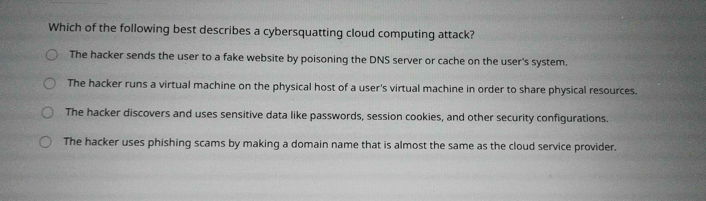 Solved: Which of the following best describes a cybersquatting cloud ...